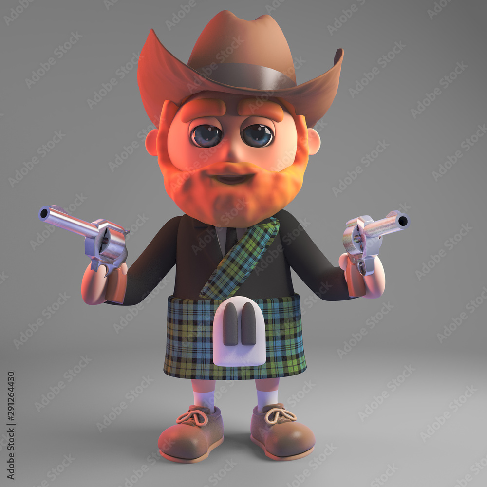 3d cartoon Scottish man in kilt wearing a cowboy hat and pointing two ...