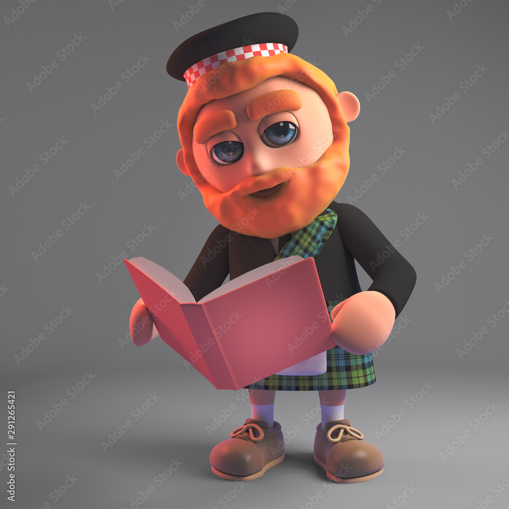 3d cartoon Scottish man in kilt and sporran reading a book, 3d ...