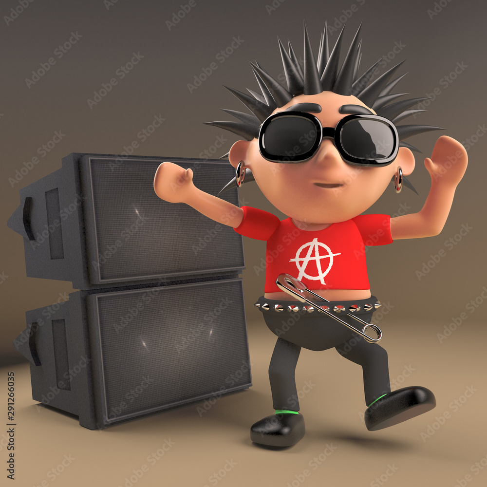 Cartoon 3d punk rock teenager with spiky hair dancing in front of a pa ...