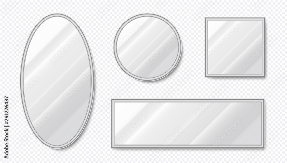 Realistic mirrors. Empty decorative oval and square mirrors with metal ...