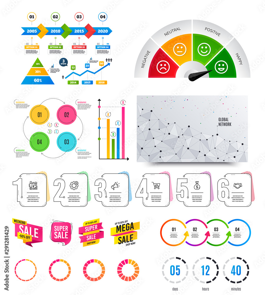 Infographic elements. Financial graph, timelines, options banner badges ...