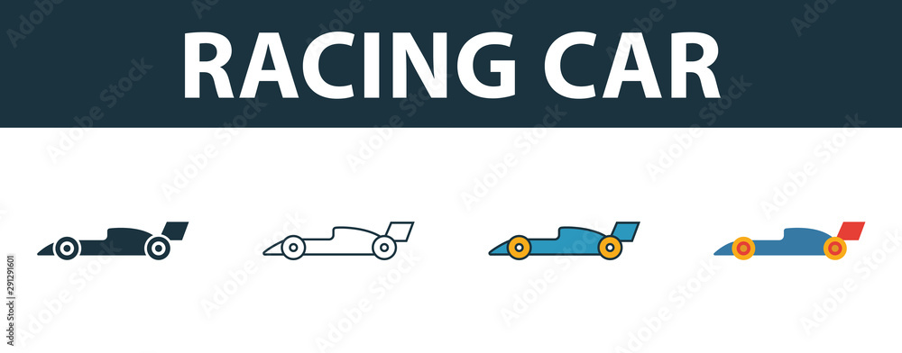 Racing Car icon set. Four simple symbols in diferent styles from sport ...