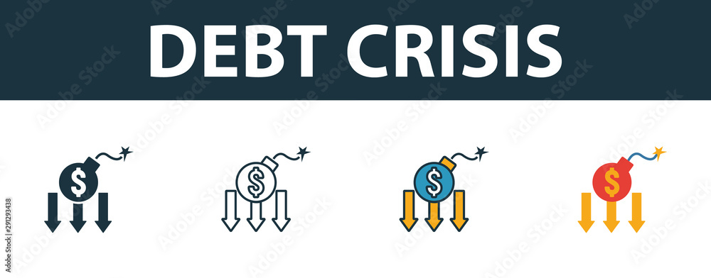 Debt Crisis icon set. Four simple symbols in diferent styles from risk ...
