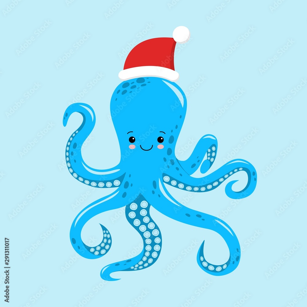 Octopus cartoon character. A Cute octopus wearing Santa Claus hat for ...