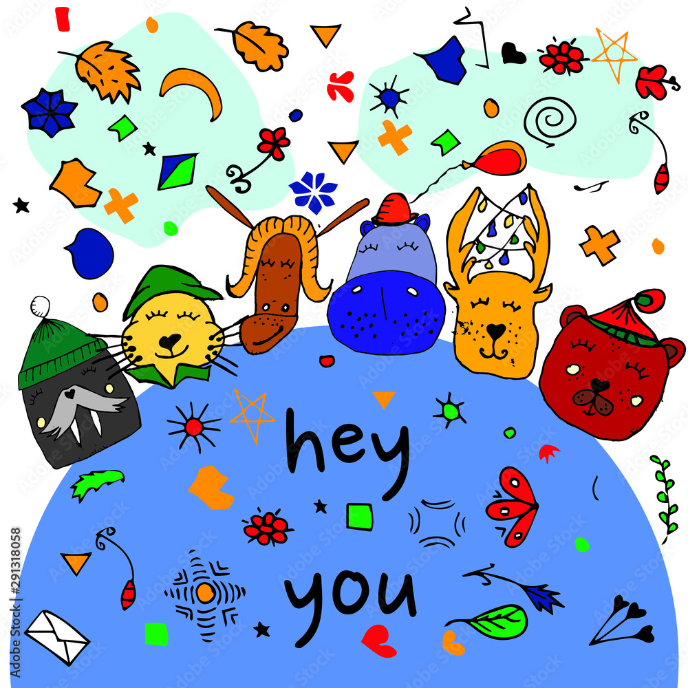 Colorful animal friends collection including walrus, hippo,goat,cat ...