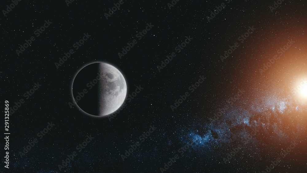 Moon Orbit Surface Sun Beam Glow Starry Galaxy. Planet Motion Sight ...
