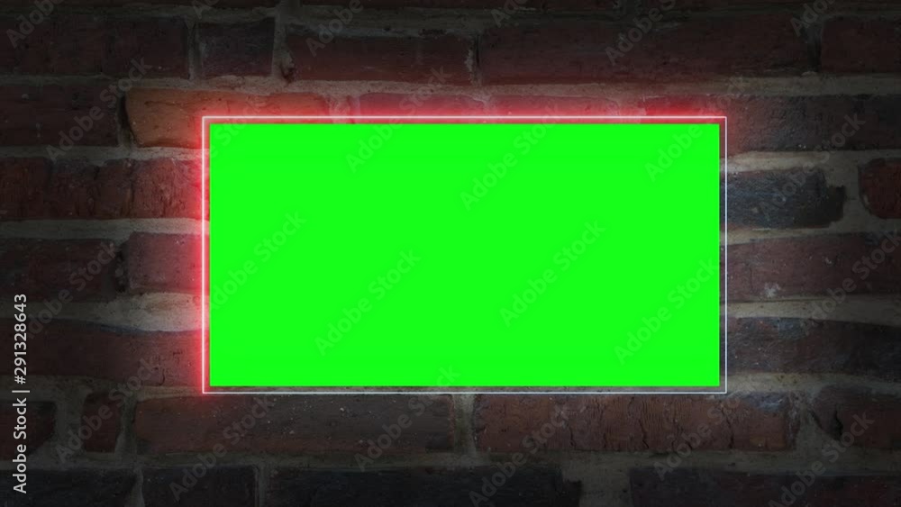 Green screen, neon, led light border in front of wall. Blank, Empty ...