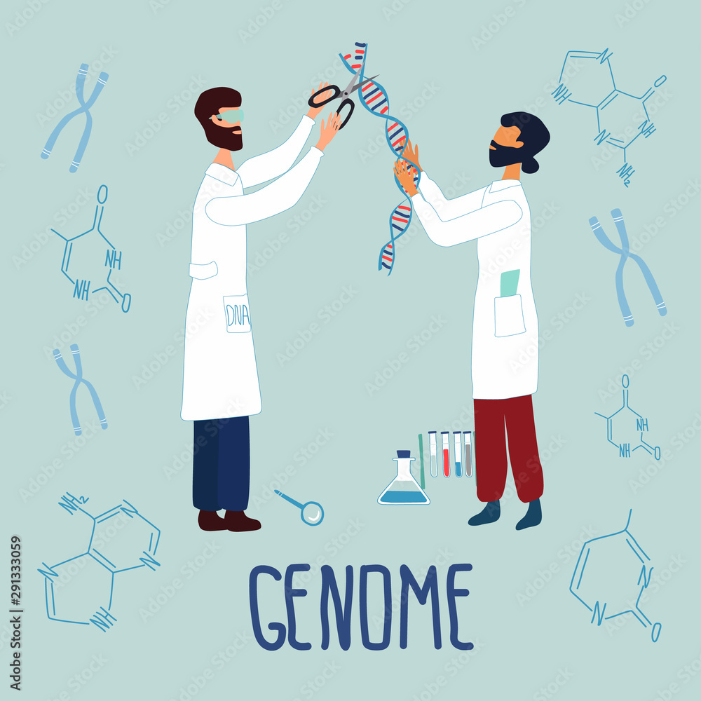 Scientists editing DNA structure surrounded by chromosomes, nucleotides ...