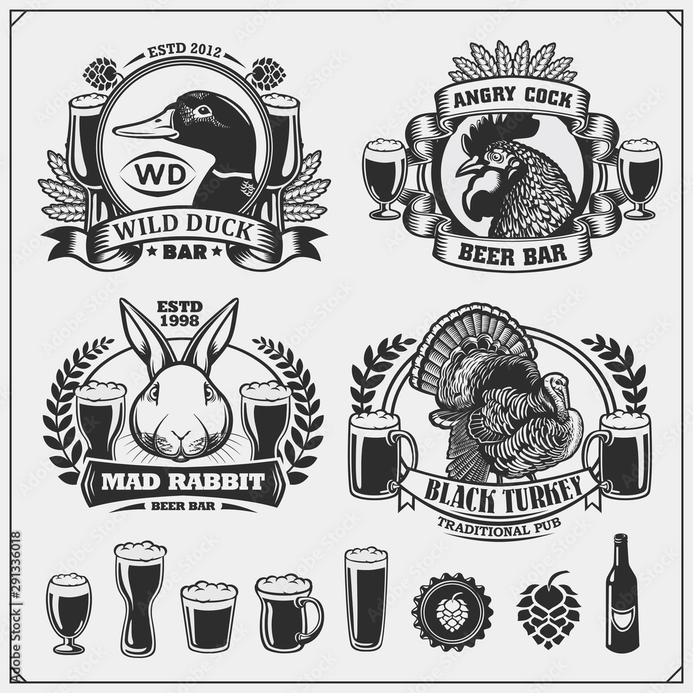 Beer set emblems with duck, rooster, rabbit and turkey. Labels, emblems ...