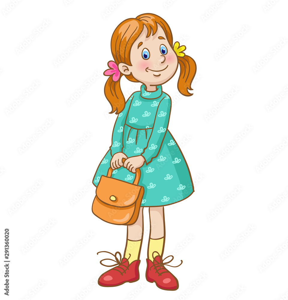 Little cute girl standing with a small bag in her hands. In cartoon ...