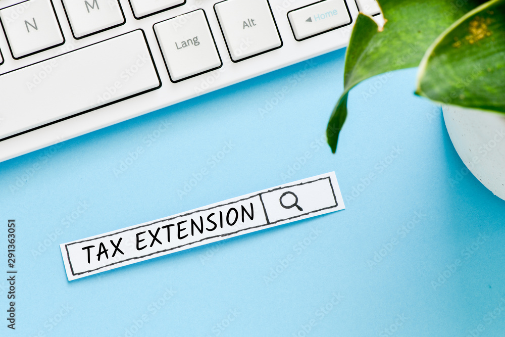 Tax extension text concept. Search line on blue background. Stock Photo ...
