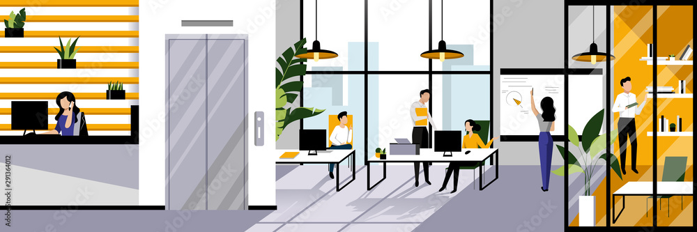 Office workspace and working business people. Vector flat cartoon ...