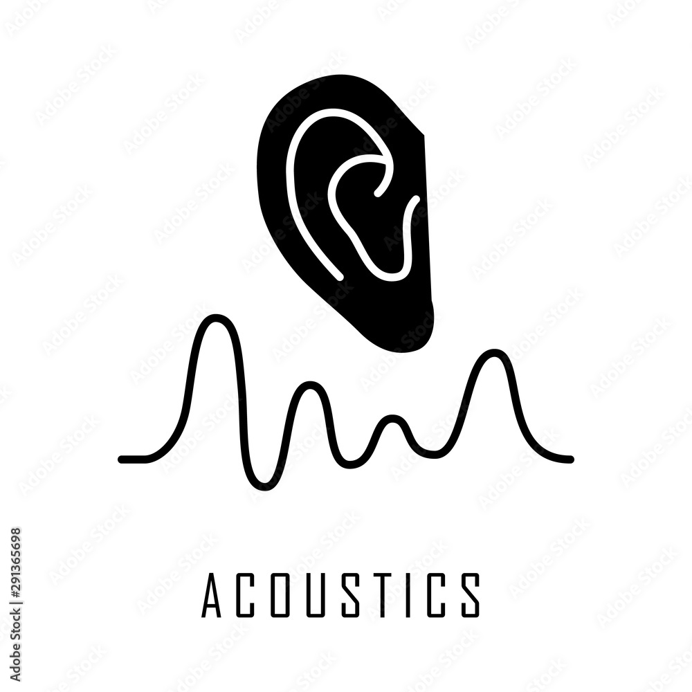 Acoustics glyph icon. Sound transmission and hearing effect. Physics ...