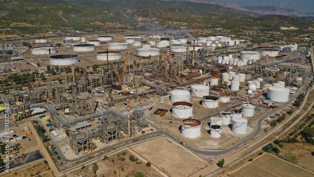 Aerial drone photo of famous full working plant and oil refinery in ...