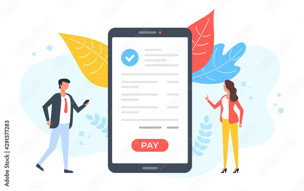 Mobile payment. People and smartphone with check mark and pay button on ...