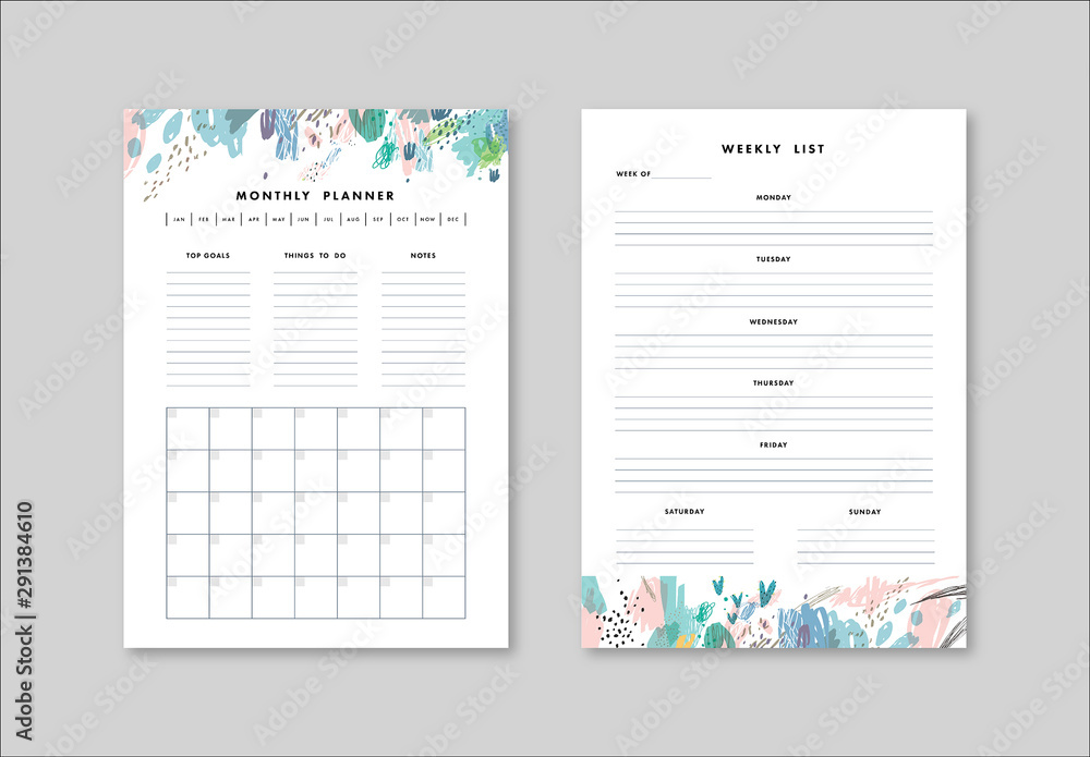 Weekly and Monthly Planner Layout with Illustrative Elements Stock ...