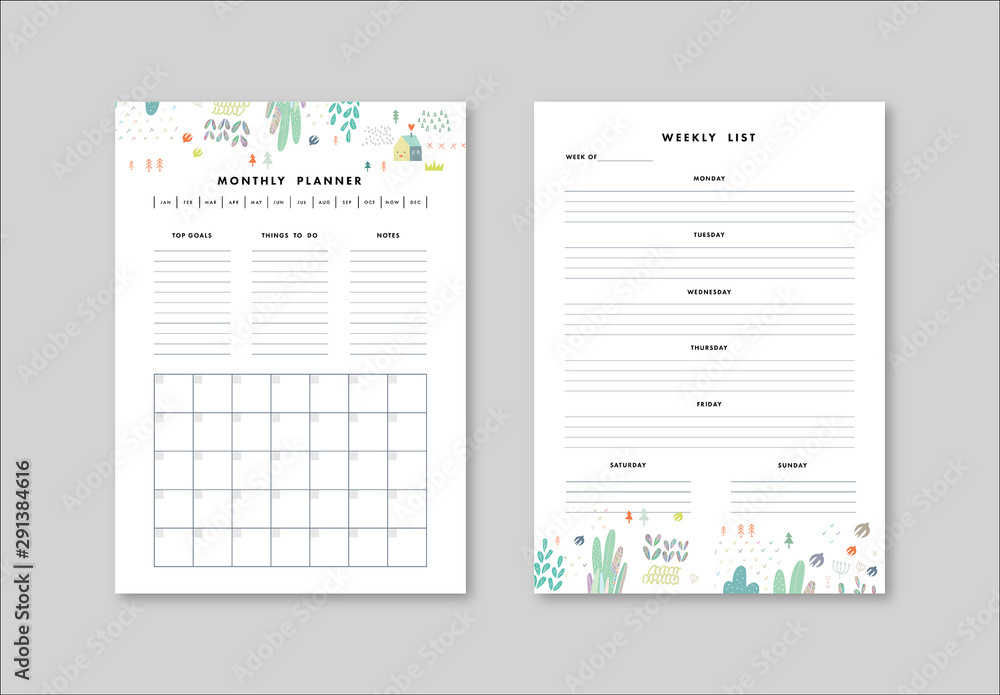Weekly and Monthly Planner Layout with Illustrative Elements Stock ...