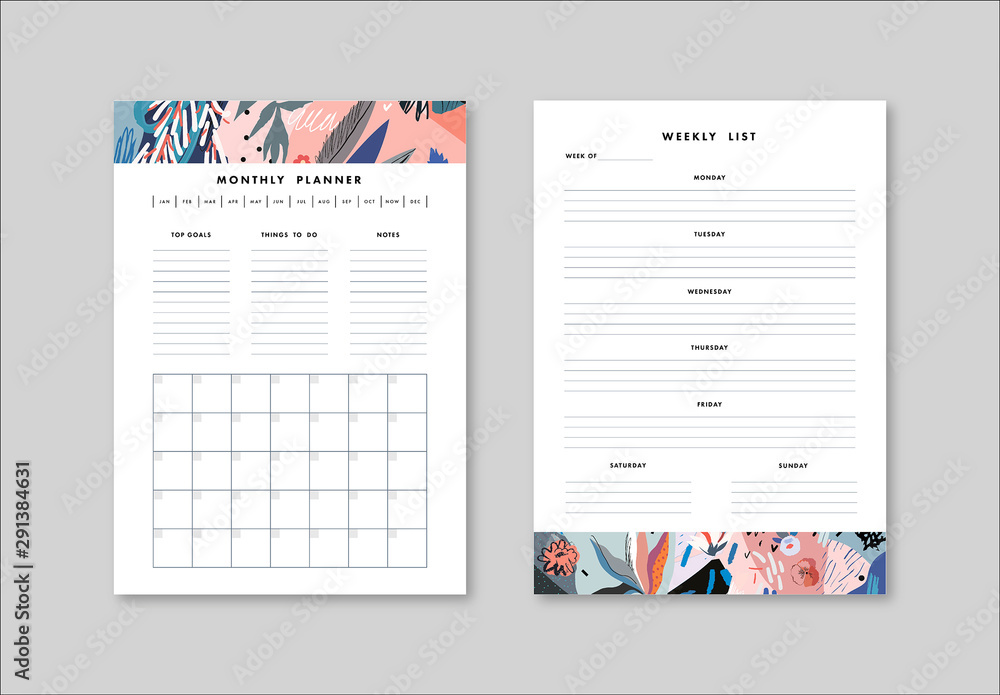 Weekly and Monthly Planner Layout with Illustrative Elements Stock ...