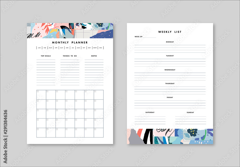 Weekly and Monthly Planner Layout with Illustrative Elements Stock ...