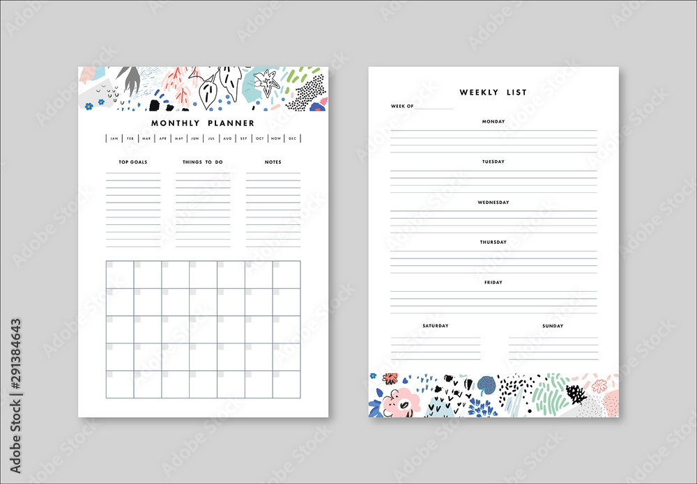 Weekly and Monthly Planner Layout with Illustrative Elements Stock ...