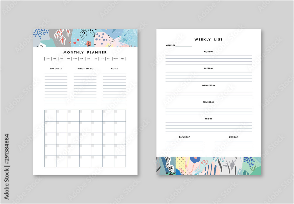 Weekly and Monthly Planner Layout with Illustrative Elements Stock ...