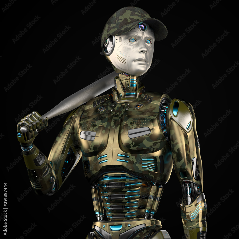 Detailed military robot or futuristic humanoid holding baseball bat or ...