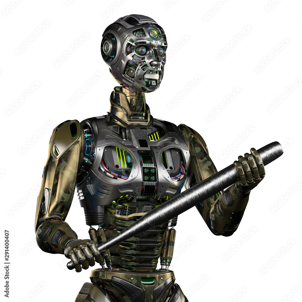 Detailed military robot or futuristic humanoid with baseball bat or ...