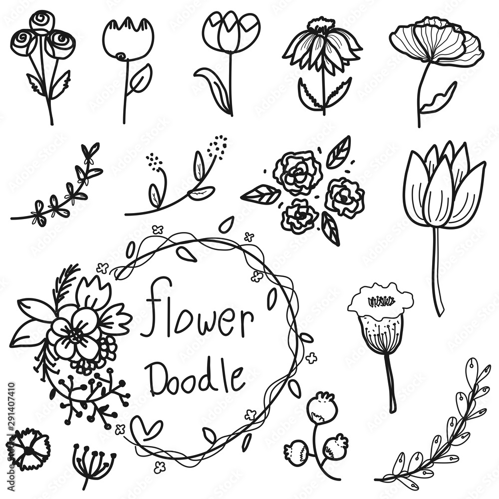 cute flowers doodle collection set vector from freehand drawing on ...