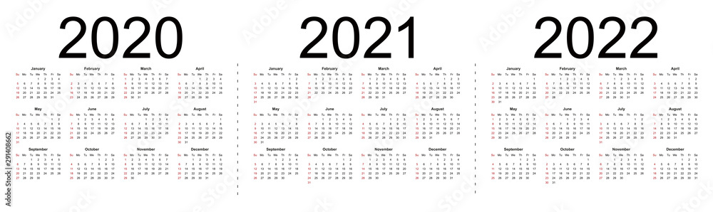 Simple editable vector calendars for year 2020 2021 2022. Week starts ...