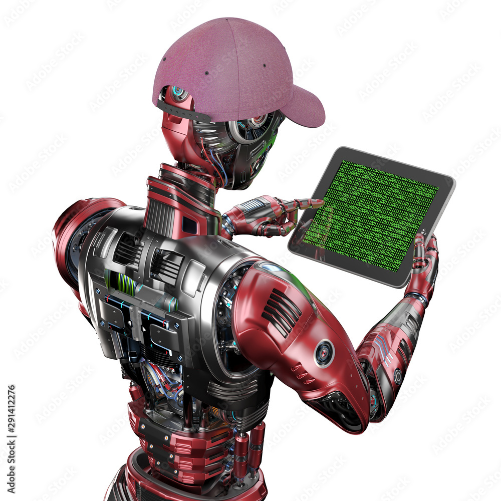 Futuristic robot or very detailed humanoid cyborg uses tablet with ...