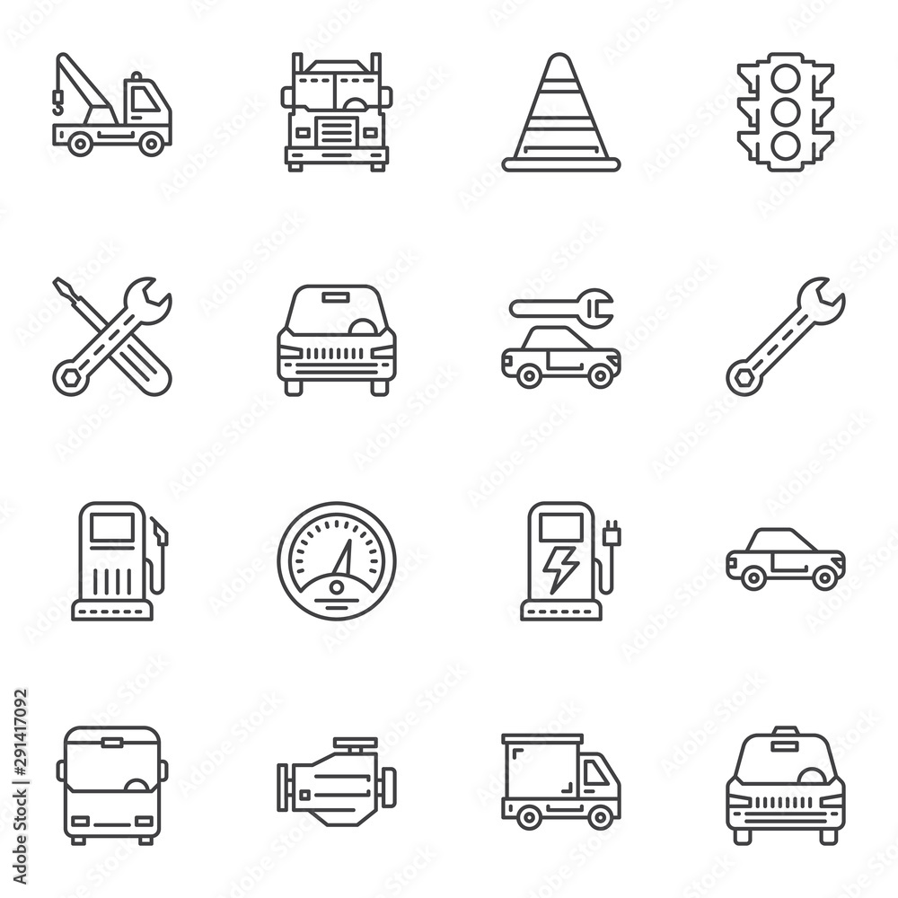 Transport line icons set. linear style symbols collection, outline ...