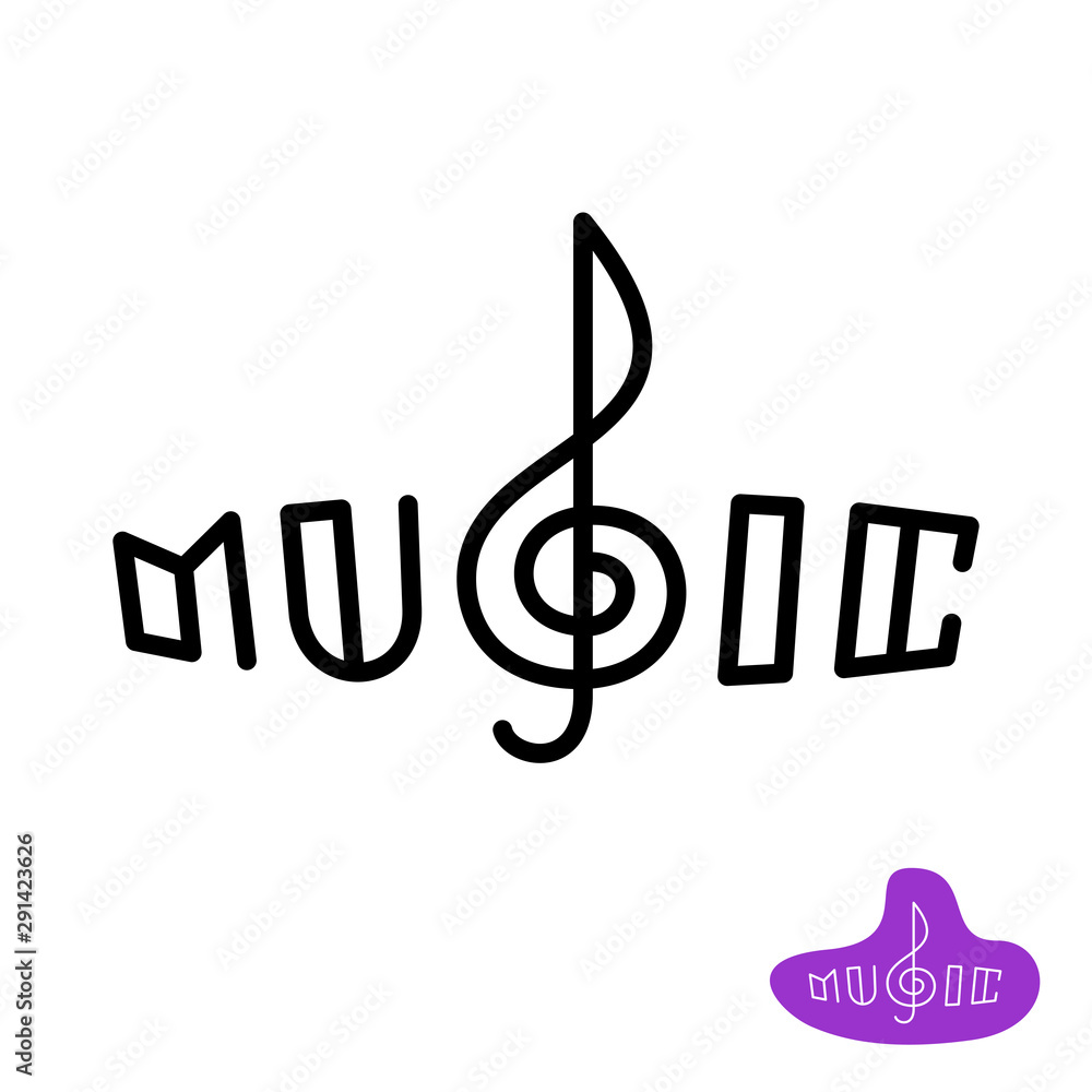 Music word logo with treble clef in a center. Line style musical symbol ...