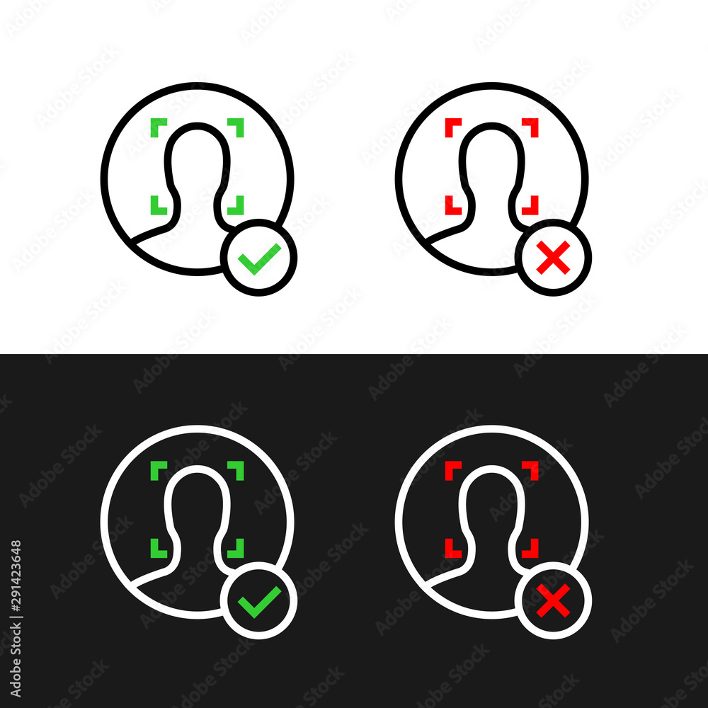Face identification icons. Biometric person recognition symbols. Accept ...