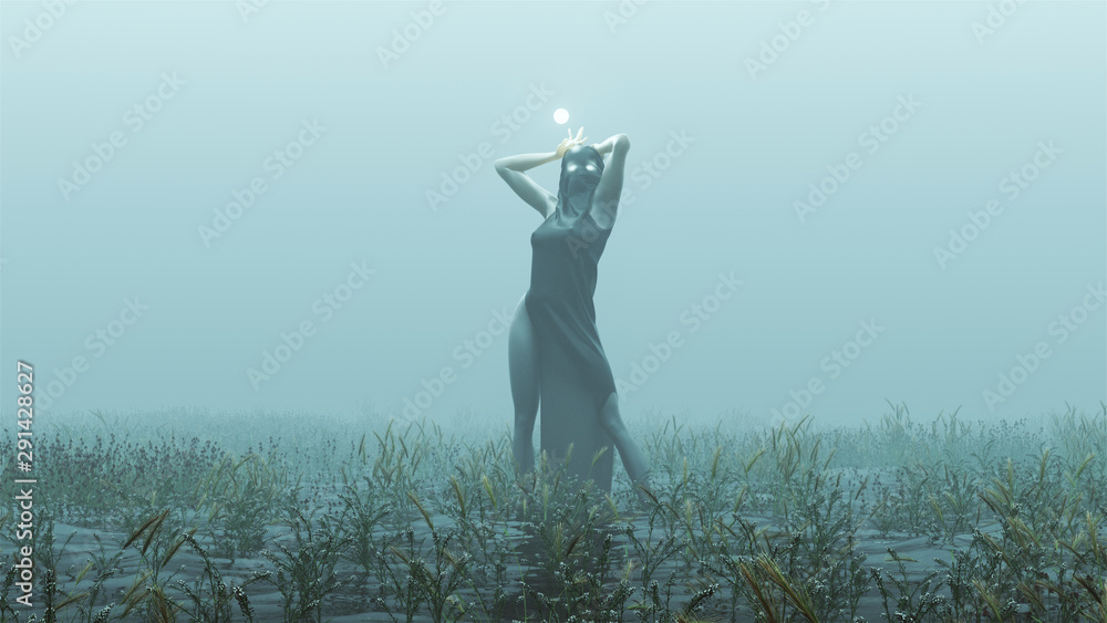 Witch Demon Woman with White Eyes and Glowing Orb in Futuristic Haute ...