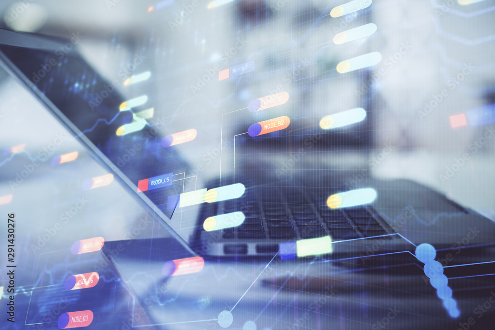 Double exposure of table with computer on background and data theme ...