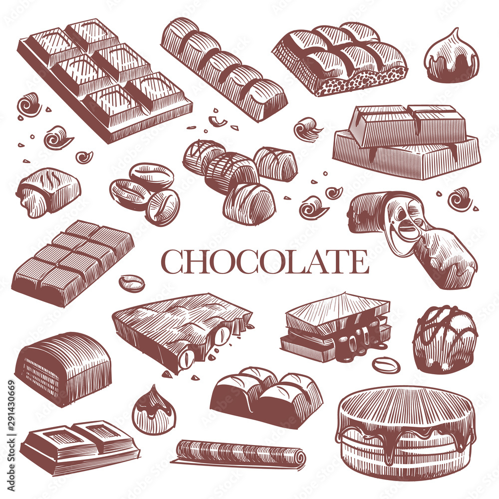 Sketch chocolate. Engraving black chocolate bars, truffle sweets and ...