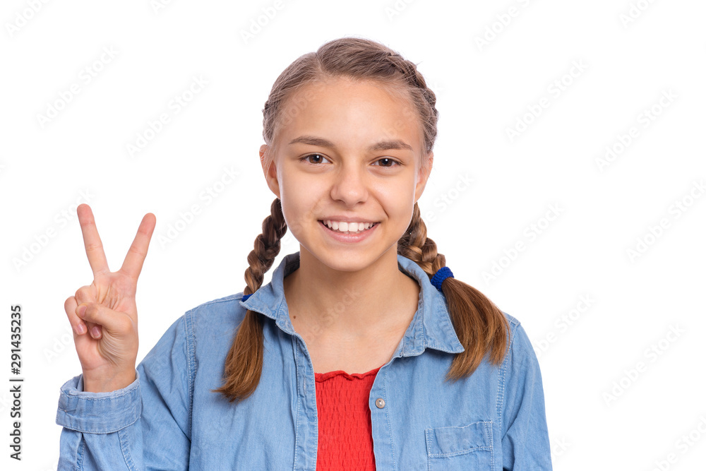 Portrait of happy teen girl showing one palm - 2 fingers, isolated on ...