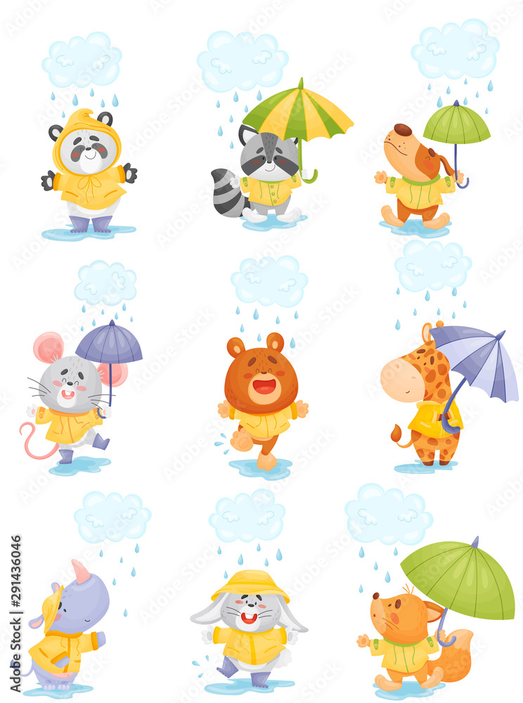 Cute cartoon animals in the rain. Vector illustration. Stock Vector ...
