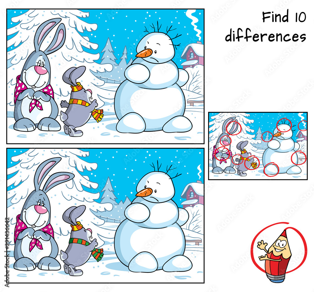 Snowman and two rabbits. Find 10 differences. Educational matching game ...