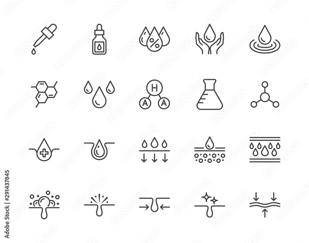 Skin care flat line icons set. Hyaluronic acid drop, serum, anti ageing ...