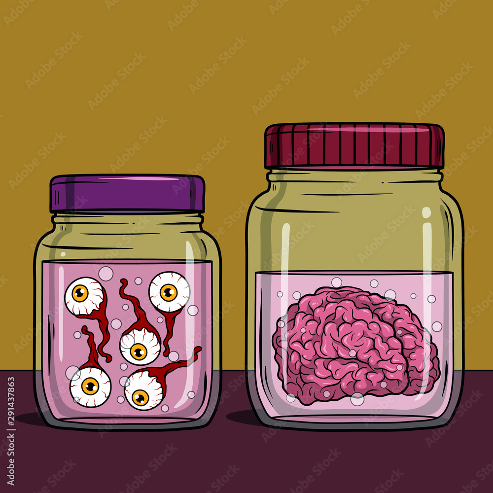 Vector horror art with creepy eyeball, brain in glass jar for scary ...