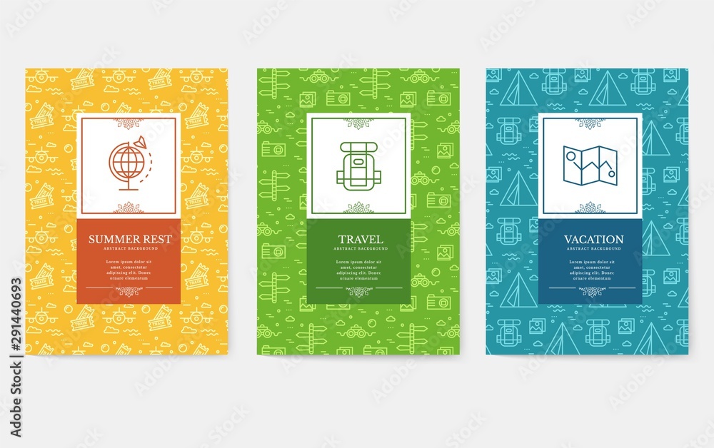 Set of linear travel style concept. Journey element on poster, book ...