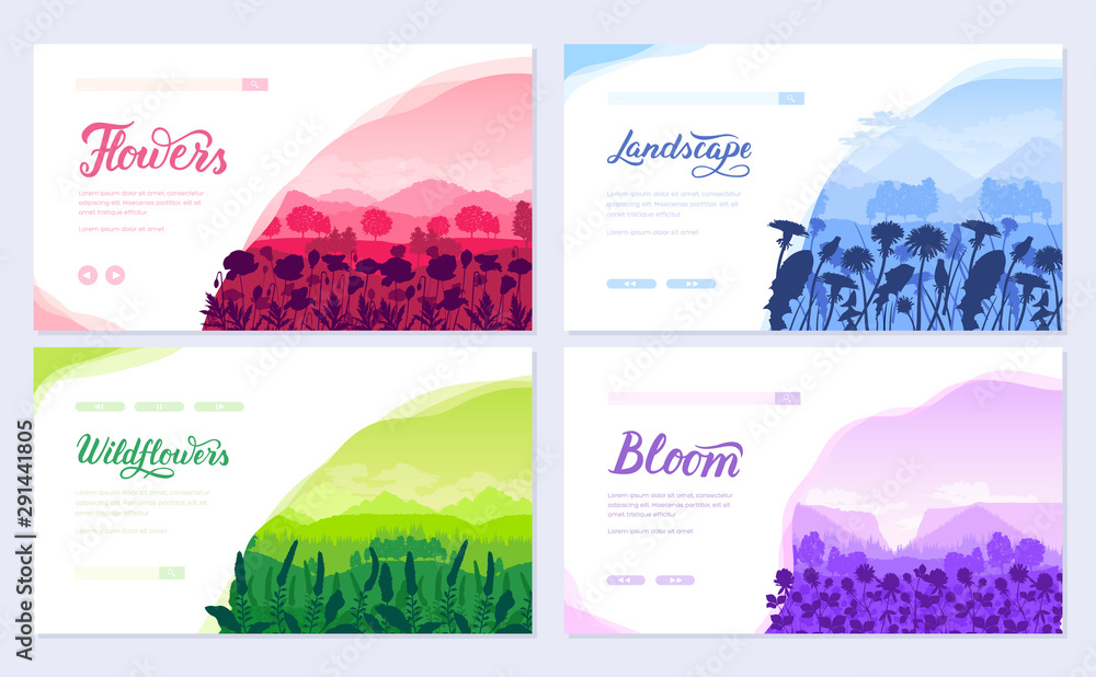 Beautiful flowers on the mountainside vector brochure cards set. Summer ...