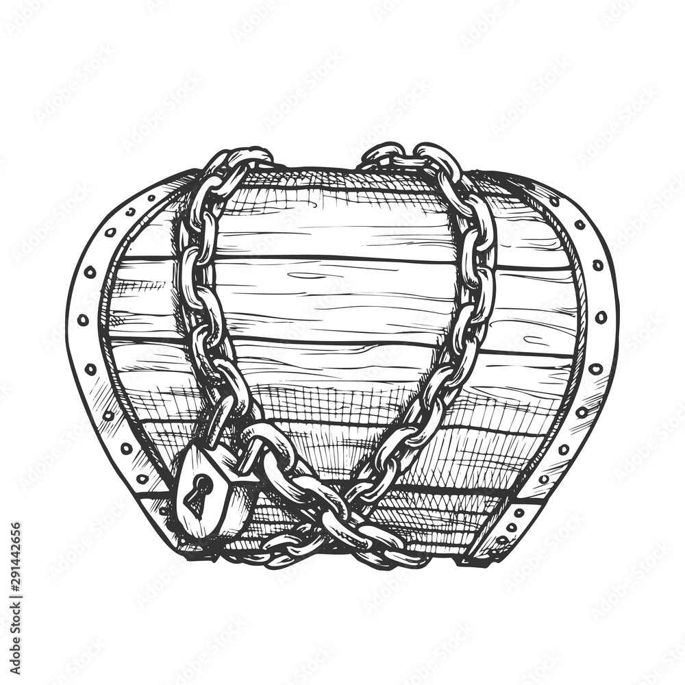 Treasure Chest Chain Shrouded Monochrome Vector. Antique Closed Wooden ...