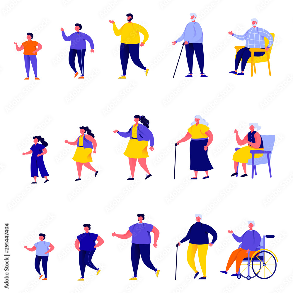 Set of flat people different generations characters. Bundle cartoon ...