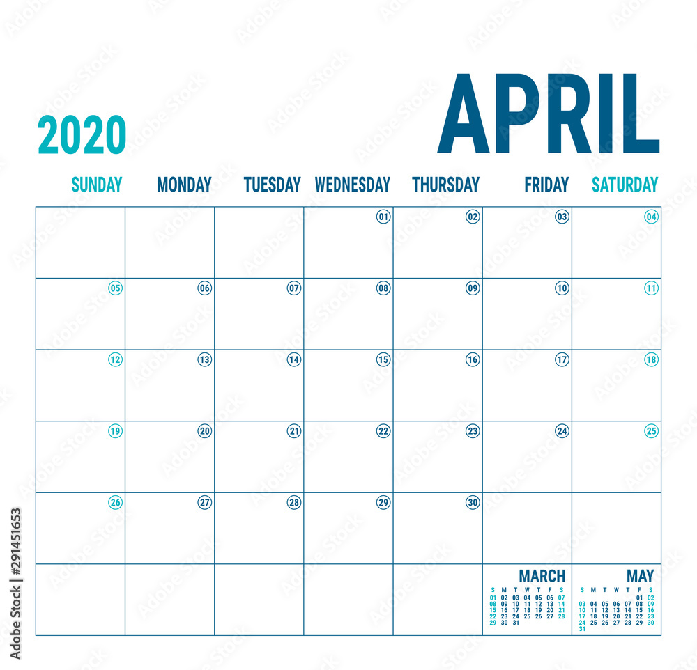 April 2020. Calendar planner. English calender template. Vector square ...