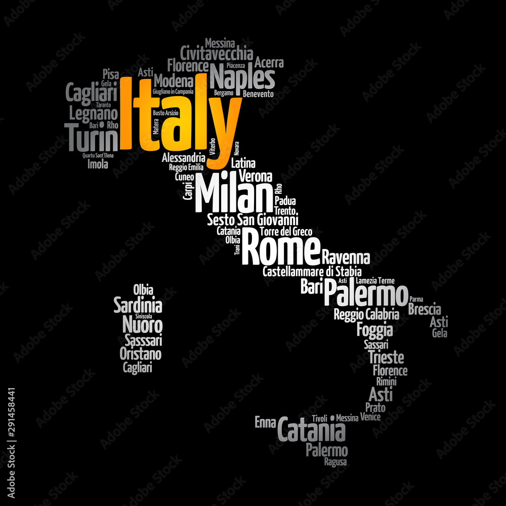 List of cities in Italy, map silhouette word cloud, travel concept ...