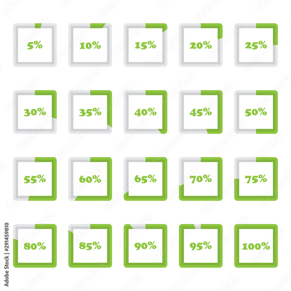 Set of square percentage diagrams from 5 to 100 for infographics on a ...