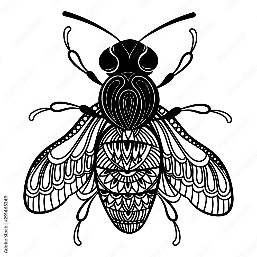 Bee with patterns. Black white bee with ornaments. Stylized wasp ...