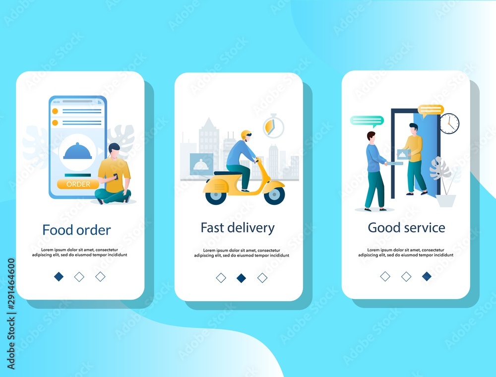 Food delivery mobile app onboarding screens vector template Stock ...